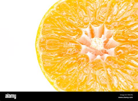 Close Up Macro Slice Of Fresh Orange Isolated On White Background In