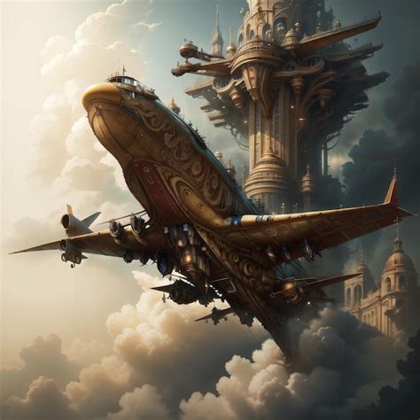 Premium Ai Image A Plane Is Flying In The Sky With A Large Building