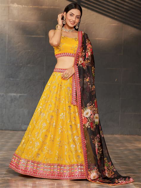 Buy Yellow Sequins Georgette Haldi Wear Lehenga Choli From Ethnic Plus