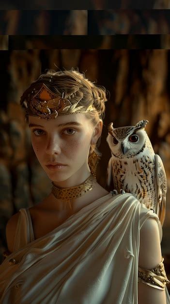 Athena Woman With An Owl On Her Shoulder Is Wearing A Crown Premium