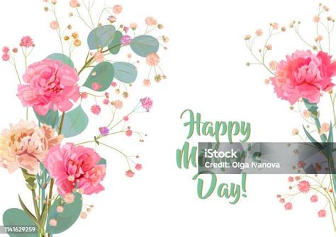 카네이션이 있는 가로 어머니의 날 카드 화이트 레드 핑크 꽃 나뭇가지 집시 잎 유칼립투스 흰색 배경 디자인에 대 한 템플릿 수채화 스타일에서 식물 그림 벡터 어머니에 대한