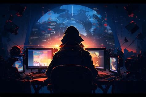Premium Ai Image Hacker Sitting At The Computer Cyber Security And Antispyware Concept Ai