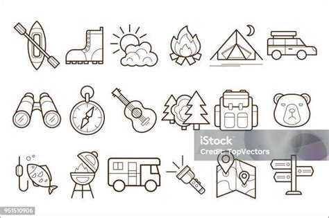 벡터 선형 캠프 요소의 집합입니다 여행자 장비 캠핑 텐트 기타 쌍안경 지도 야외 활동입니다 신선한 공기에 활성 여름 휴양 0명에 대한 스톡 벡터 아트 및 기타 이미지