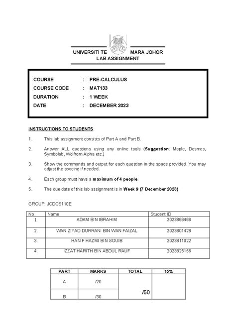 Mat133 Lab Assessment Mat 183 Lab Universiti Teknologi Mara Johor Lab Assignment Course