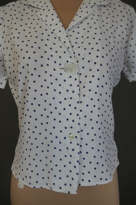 Vintage Judy Bond Polka Dot Blouse 36 Bust 1960s Dacron Dandelion