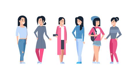 젊은 아시아 여성 아이콘 설정 중국 또는 일본 여성 그룹 현대 캐주얼 옷 전체 길이 입고 절연 컬렉션 20 29세에 대한 스톡