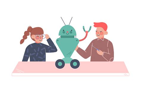 장난감 로봇을 만드는 학교 학생 소년과 소녀 엔지니어 캐릭터 교육 프로젝트 만화 스타일 벡터 일러스트레이션에 작업 남학생에 대한 스톡 벡터 아트 및 기타 이미지 Istock