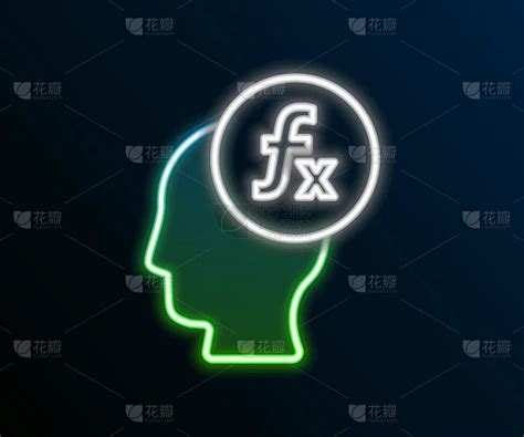 发光霓虹线函数数学符号图标孤立在黑色背景。色彩斑斓的轮廓的概念。向量素材 花瓣网