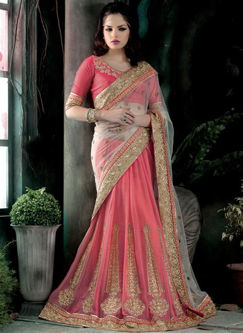 Pink Embroidery Work Net Designer Lehenga Saree
