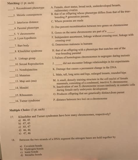 Solved Matching 1 Pt Each 1 Recombinant Phenotype 2