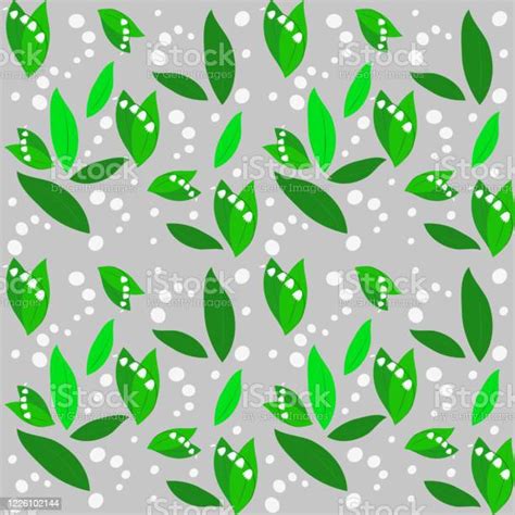 숲에서 계곡의 백합의 낭만적 인 패턴입니다 회색 배경에 꽃의 녹색과 흰색 블루 벨의 다른 음영의 잎 카드 배너에 대한 벡터 원활한 꽃 그림 5월에 대한 스톡 벡터 아트 및