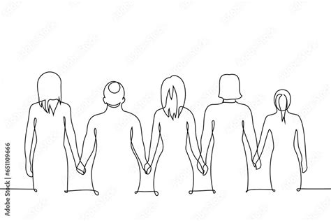 Women Stand With Their Backs In A Row Holding Hands One Line Art