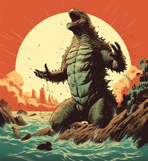 Premium Ai Image Godzilla Rising Over The Ocean With A Sunset In The