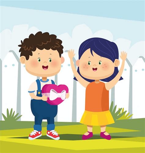 하얀 울타리를 통해 서 사랑에 만화 귀여운 커플 프리미엄 벡터