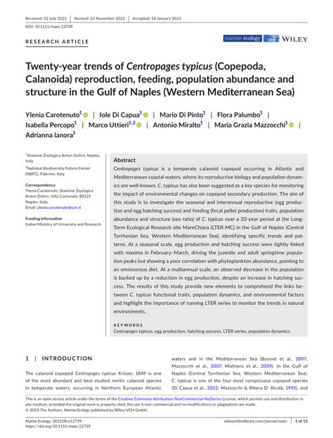 Pdf Twenty‐year Trends Of Centropages Typicus Copepoda Calanoida Reproduction Feeding