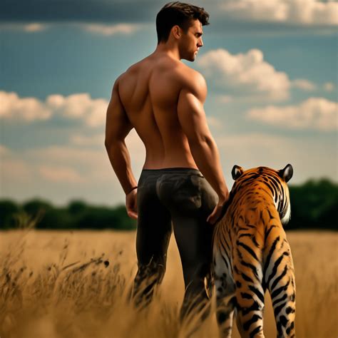 Aesthetics Of The Male Body Arched Back With A Tiger In The Field