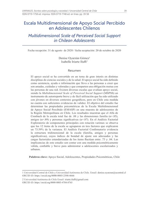 Pdf Escala Multidimensional De Apoyo Social Percibido En Adolescentes
