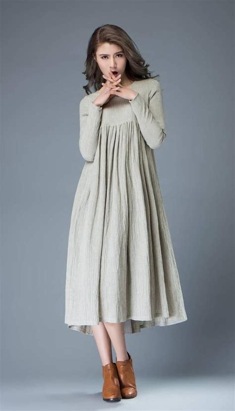 Casual Linen Dress Light Gray Pleated Dress Mid Length Long Etsy
