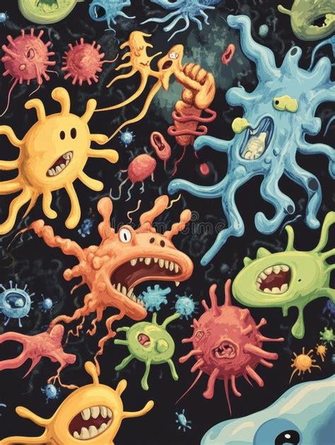Cartoon Bacteria Engage In A Playful Battle Against Antibodies In A Colorful Microbial World