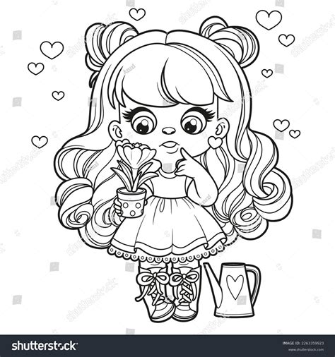 Cute Cartoon Long Haired Girl Holds Stock Vector Royalty Free