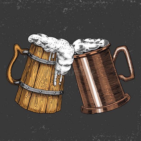 Beer Glass Mug Or Bottle Wooden Barrels Engraved In Ink Hand Drawn