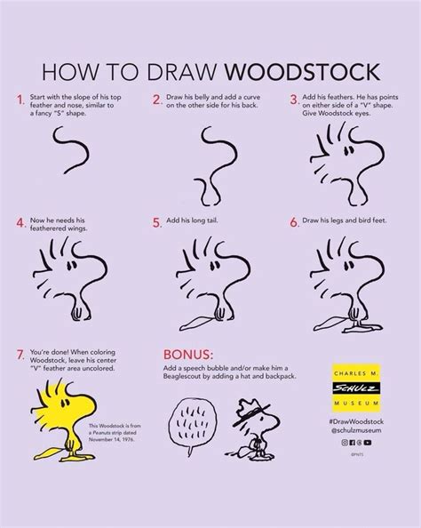 Learn To Draw Woodstock In 7 Easy Steps Snoopy Tutorial Peanuts