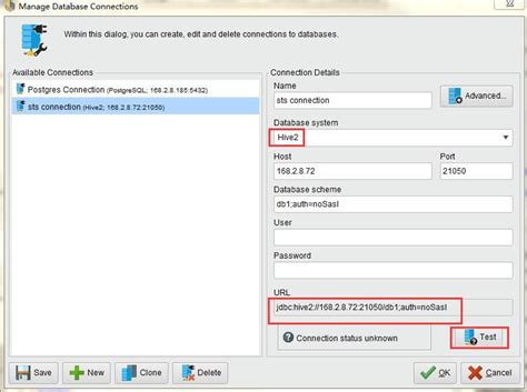 connect to hive database failed in manage database connection dialog