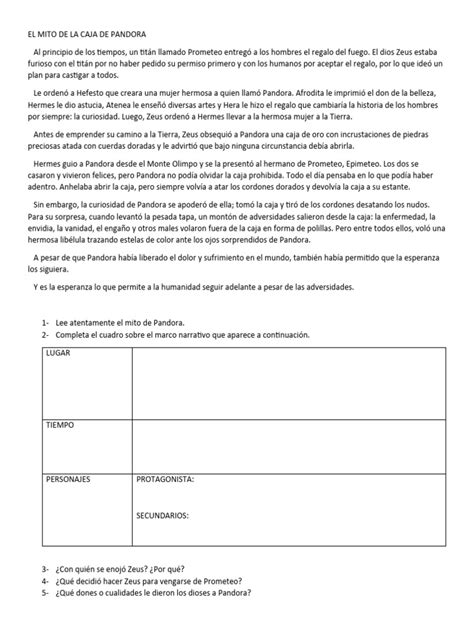 El Mito De La Caja De Pandora Actividades Pdf Prometeo