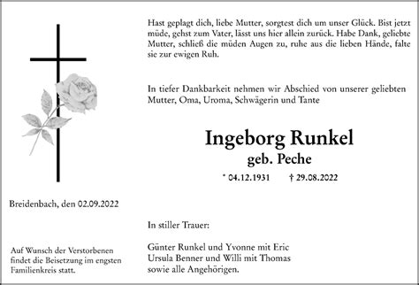 Traueranzeigen Von Ingeborg Runkel Vrm Trauer De