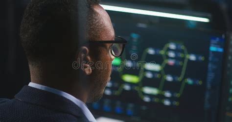 African American Software Engineer Looks At Computer Screen Stock Image Image Of Technology
