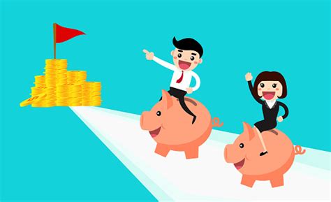 행복 한 비즈니스 사람과 돼지 저금통을 타고 그의 돈을 목표 실행 성공 비즈니스와 절약 돈 개념 경영자에 대한 스톡 벡터 아트 및 기타 이미지 Istock