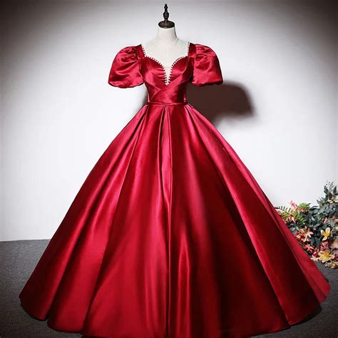 Elegant Red Satin Ball Gown Evening Dress On Luulla