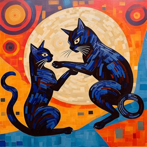 Illustration Of A Painting Of Two Cats Contemporary Style Premium Ai