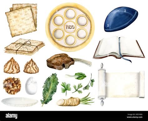 Passover Elements Set Of Watercolor Illustrations Jewish Pesach Seder