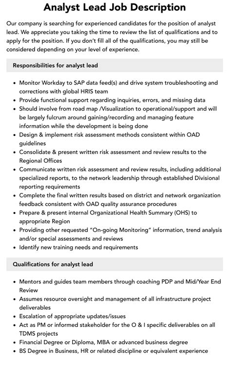 Analyst Lead Job Description Velvet Jobs Analyst Lead Job Description Velvet Jobs