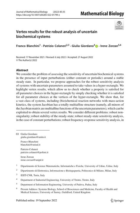 Pdf Vertex Results For The Robust Analysis Of Uncertain Biochemical Systems