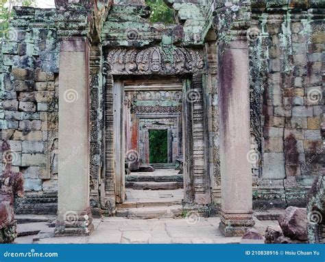 Demolished Stone Rock Door Frame At Preah Khan Temple Angkor Wat