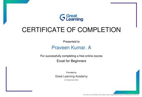 Completion Certificate For Excel For Beginners Praveen Kumar Posted On The Topic Linkedin