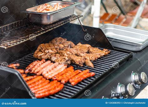 Barbecue Grill Bbq On Propane Gas Grill Steaks Bratwurst Sausages Meat