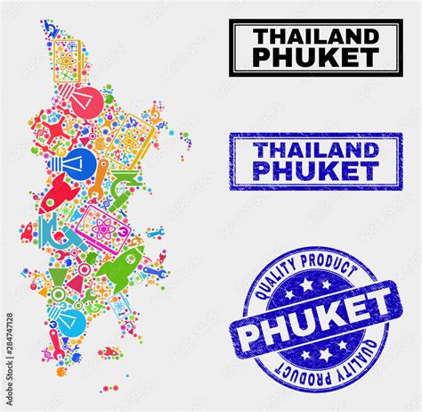 Vector Collage Of Tools Phuket Map And Blue Seal For Quality Product