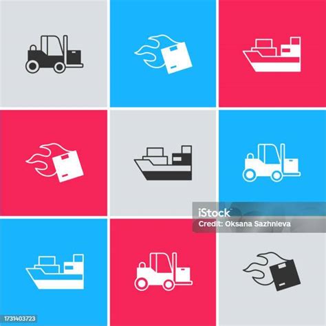 Set Forklift Truck Carton Cardboard Box And Cargo Ship With Boxes