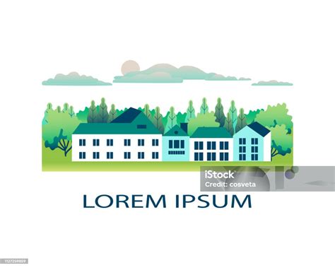 시골 골짜기 농장 시골 흰색 배경에 고립입니다 목장에서 평면 스타일 디자인 로고와 마 풍경입니다 풍경 집 농장 건물 나무 구름