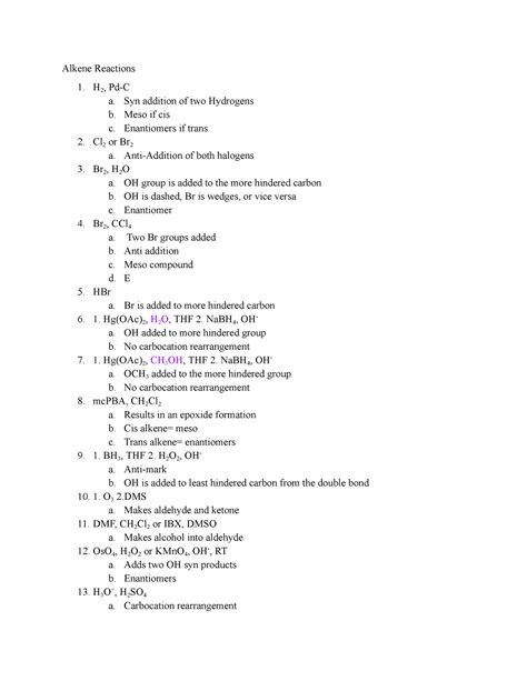 Alkyne Reactions Alkene Reactions H 2 Pd C A Syn Addition Of Two