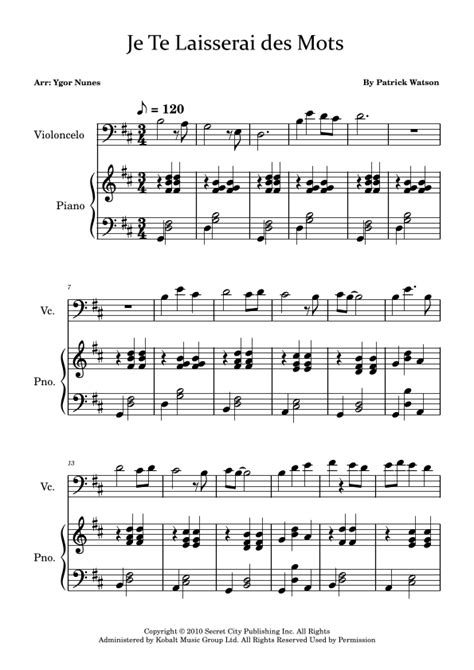Je Te Laisserai Des Mots Arr Ygor Nunes Par Patrick Watson