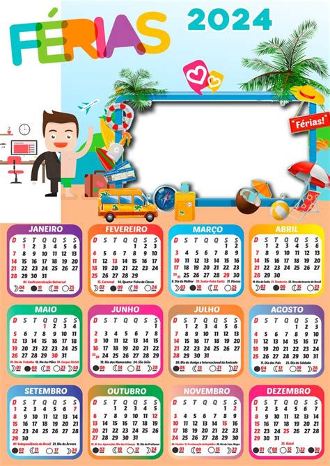 Moldura PNG Tema Férias para Montagem Calendário 2024 fases da lua