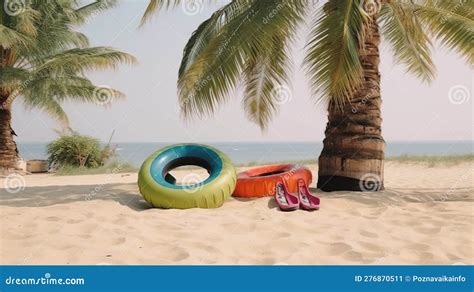 An Inflatable Swim Lap Against A Backdrop Of A Beach With Sand Palm Trees And The Ocean Tourist