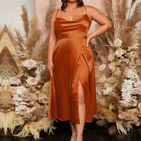 Dresses Luxe Plus Size Slit Thigh Satin Maxi Dress Burnt Orange