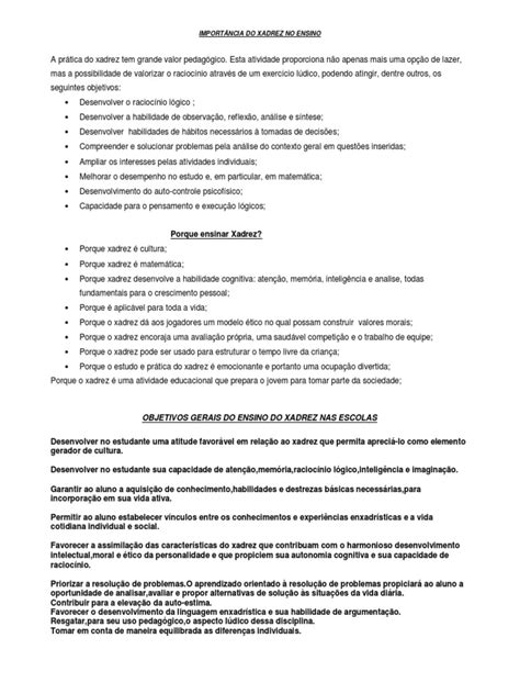 Importância Do Xadrez No Ensino Pdf Xadrez Pedagogia