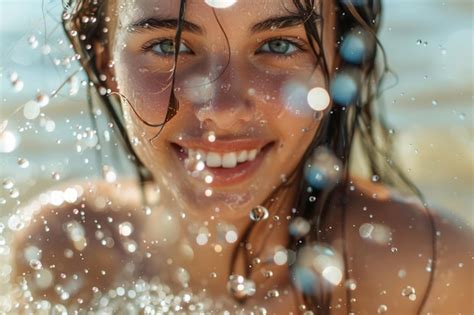 Premium Photo Joyful Young Woman With Sparkling Water Drops On Face Enjoying Sunny Day At The