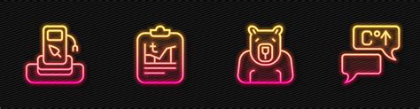 세트 라인 북극곰 머리 가솔린 또는 주유소 지구 온난화 및 빛나는 네온 아이콘 벡터 가솔린에 대한 스톡 벡터 아트 및 기타